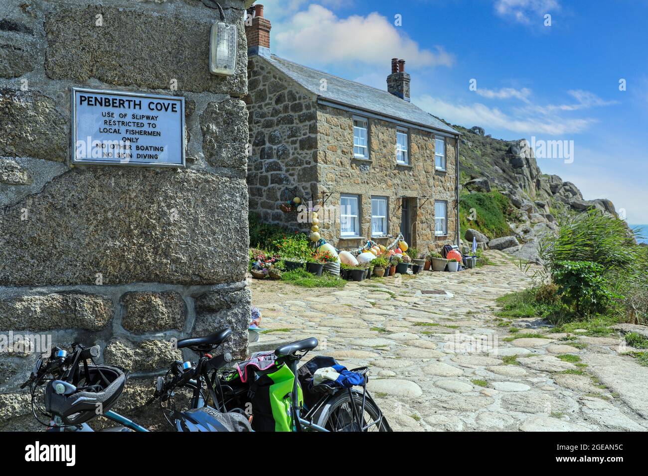A sign at Penberth Cove, a small village on the Penwith peninsula ...