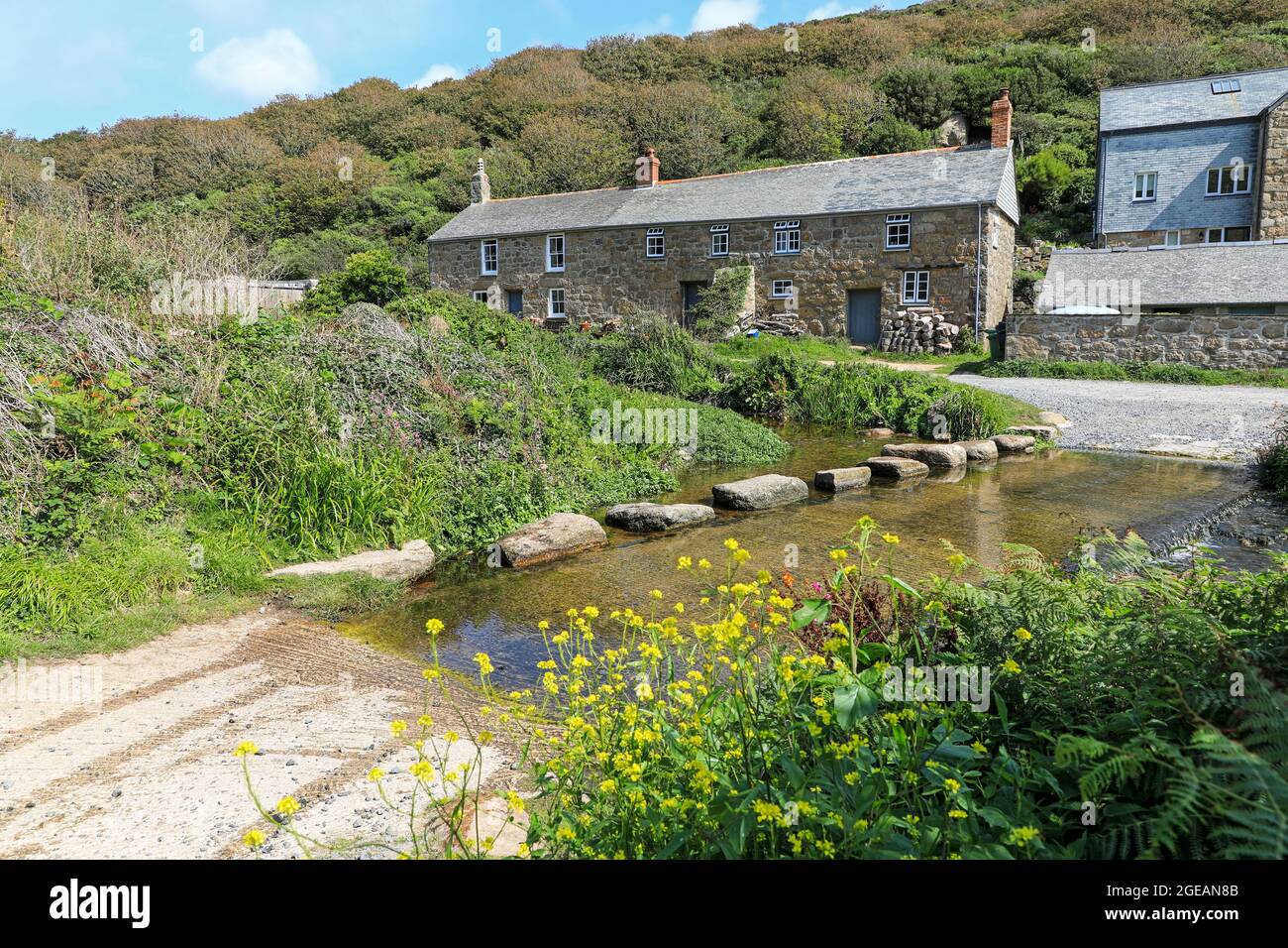 Stepping stones next to the ford at Penberth Cove, a small village on ...