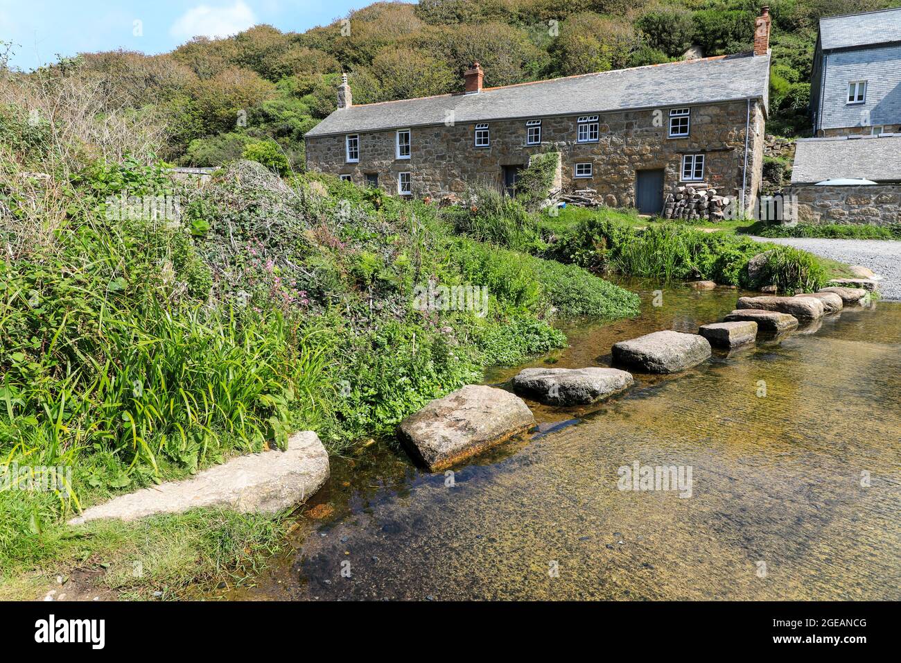Stepping stones next to the ford at Penberth Cove, a small village on ...