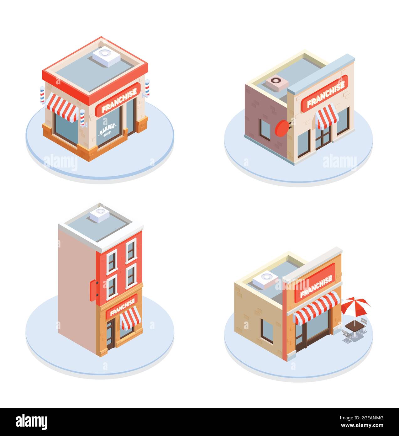 Franchise isometric concept icons set with building and brand symbols ...