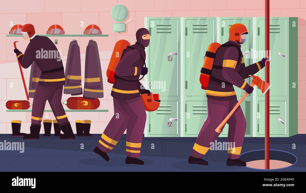 Firefighters station flat composition with indoor view of fire fighting ...