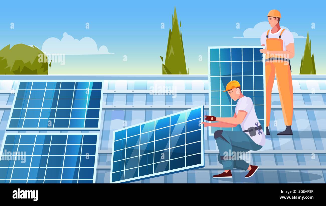 Solar panels installation flat composition with two male characters ...