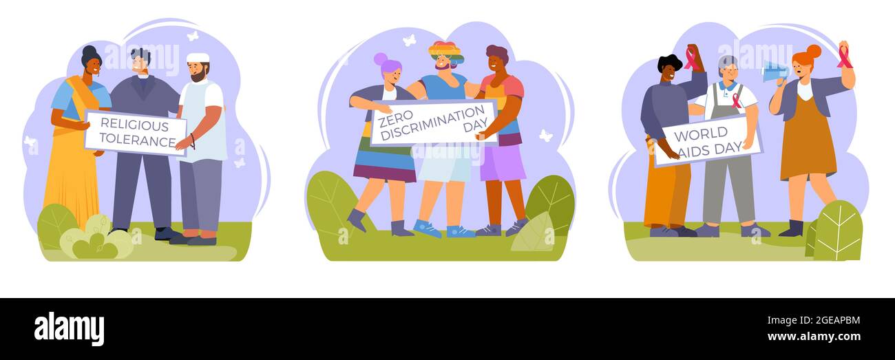 Discrimination set of three flat compositions with doodle human ...