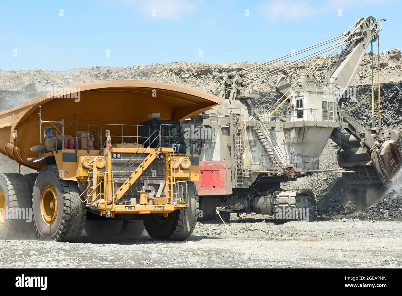 Electric rope shovel loading a dump truck at a copper mine in Chile ...
