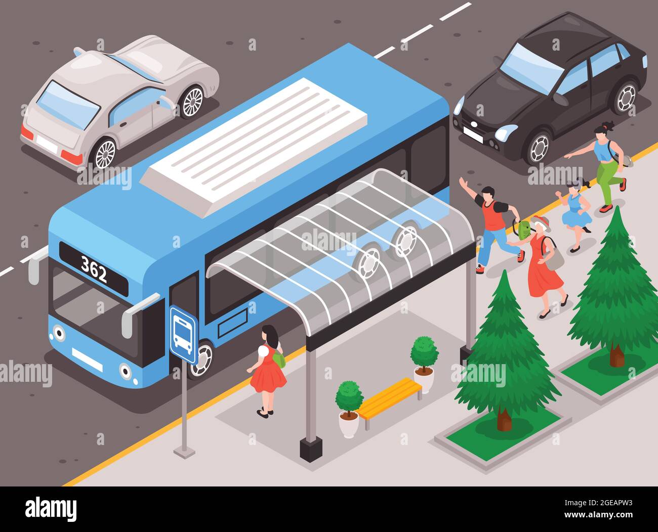 People running for bus background with bus stop and hurry symbols ...