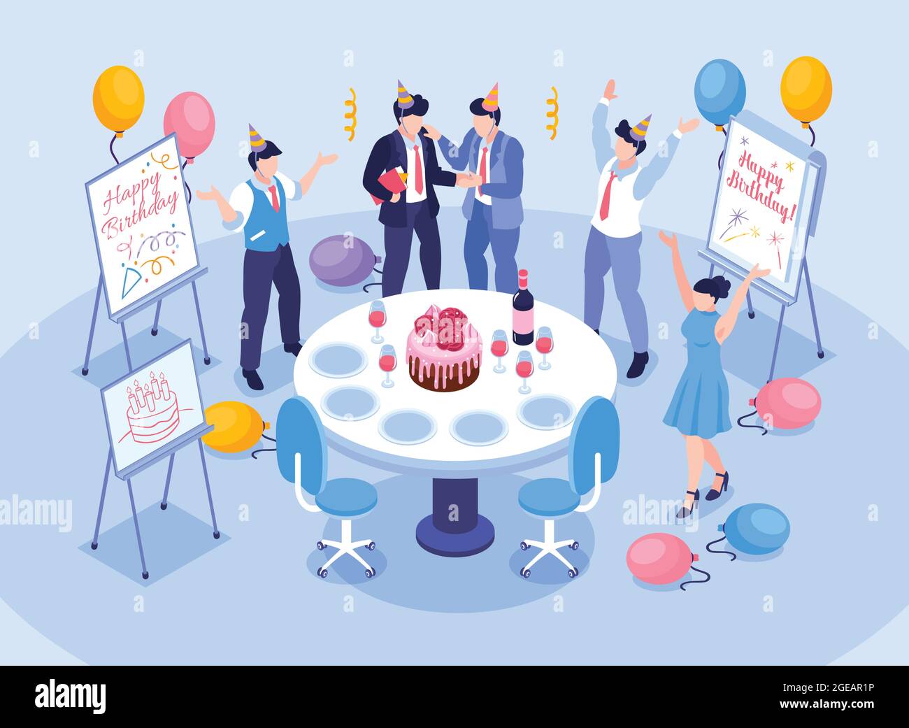 Birthday office congratulation concept with celebration at work symbols ...