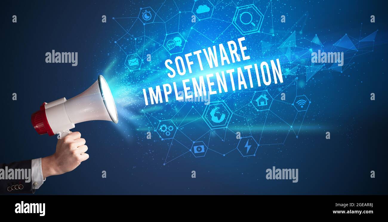 Young woman shouting in megaphone, technology announcement concept ...