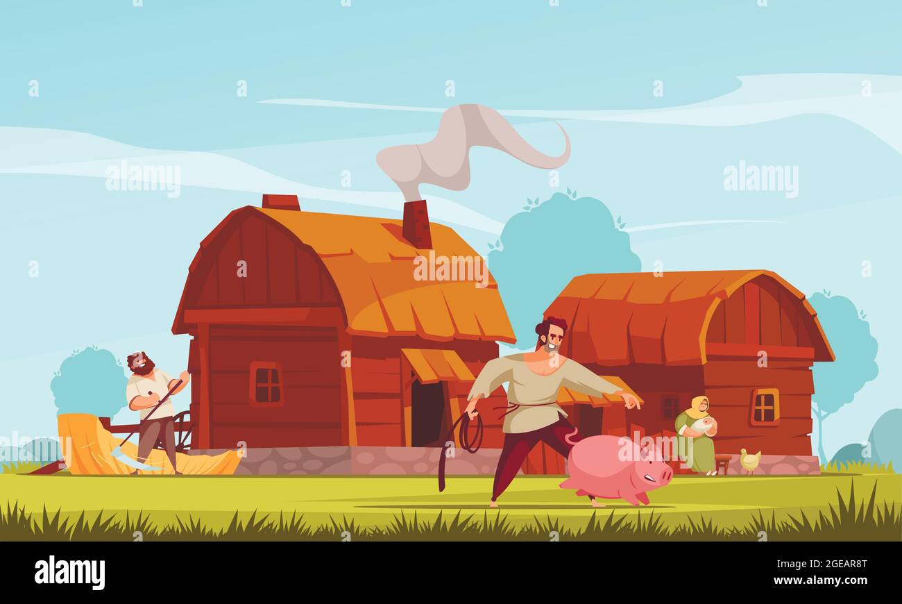 Ancient settlements architecture style cartoon composition with 2 ...