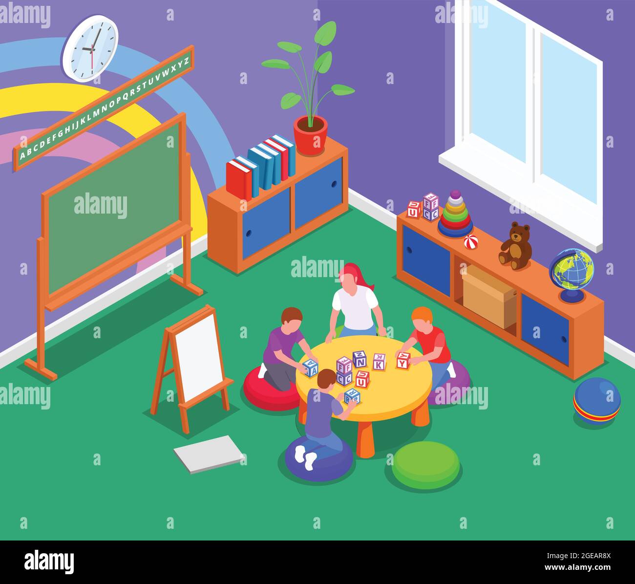 Elementary education background with woman and three children studying ...