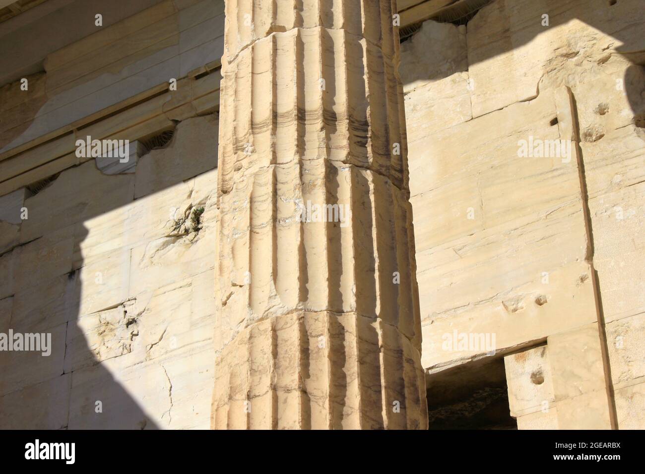 Greece, Athens, June 16 2020 - View of ancient Doric columns at Propylaea, the monumental ...
