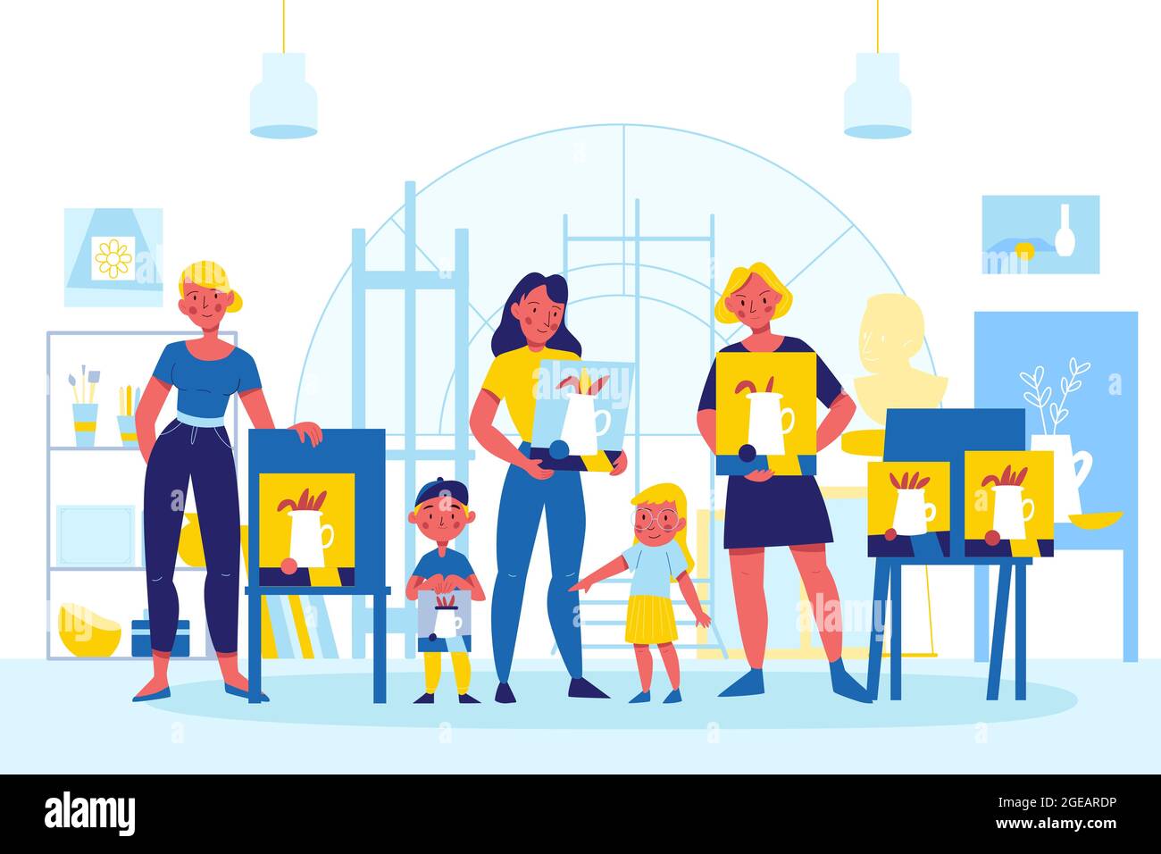 Creative artist professions background with painter performing flat ...