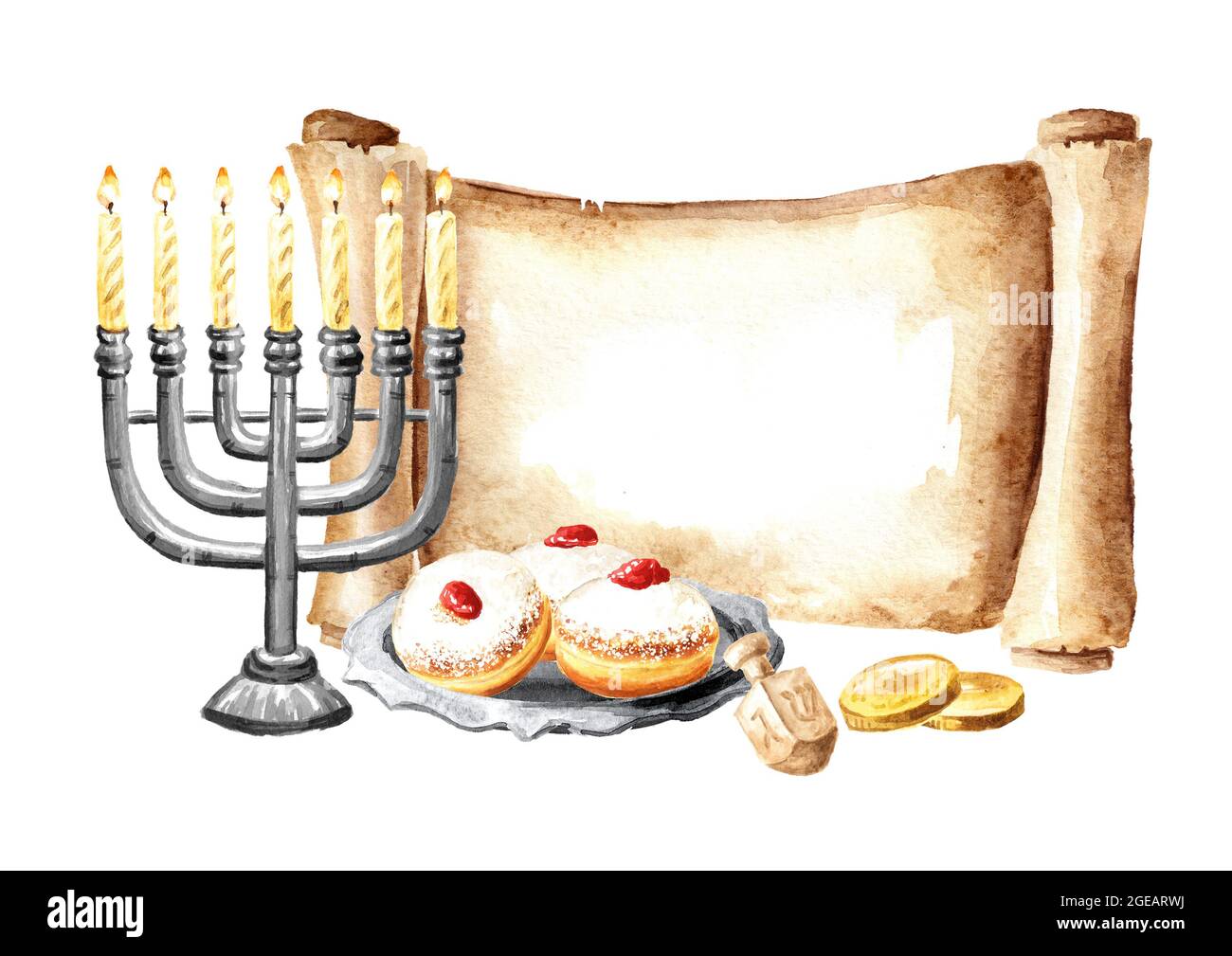 Jewish holiday Hanukkah greeting card template, traditional menorah ...