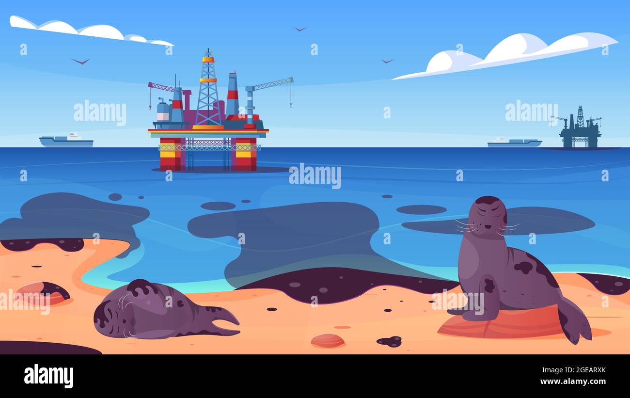 Ocean pollution with oil stains on water surface with sea animals on ...