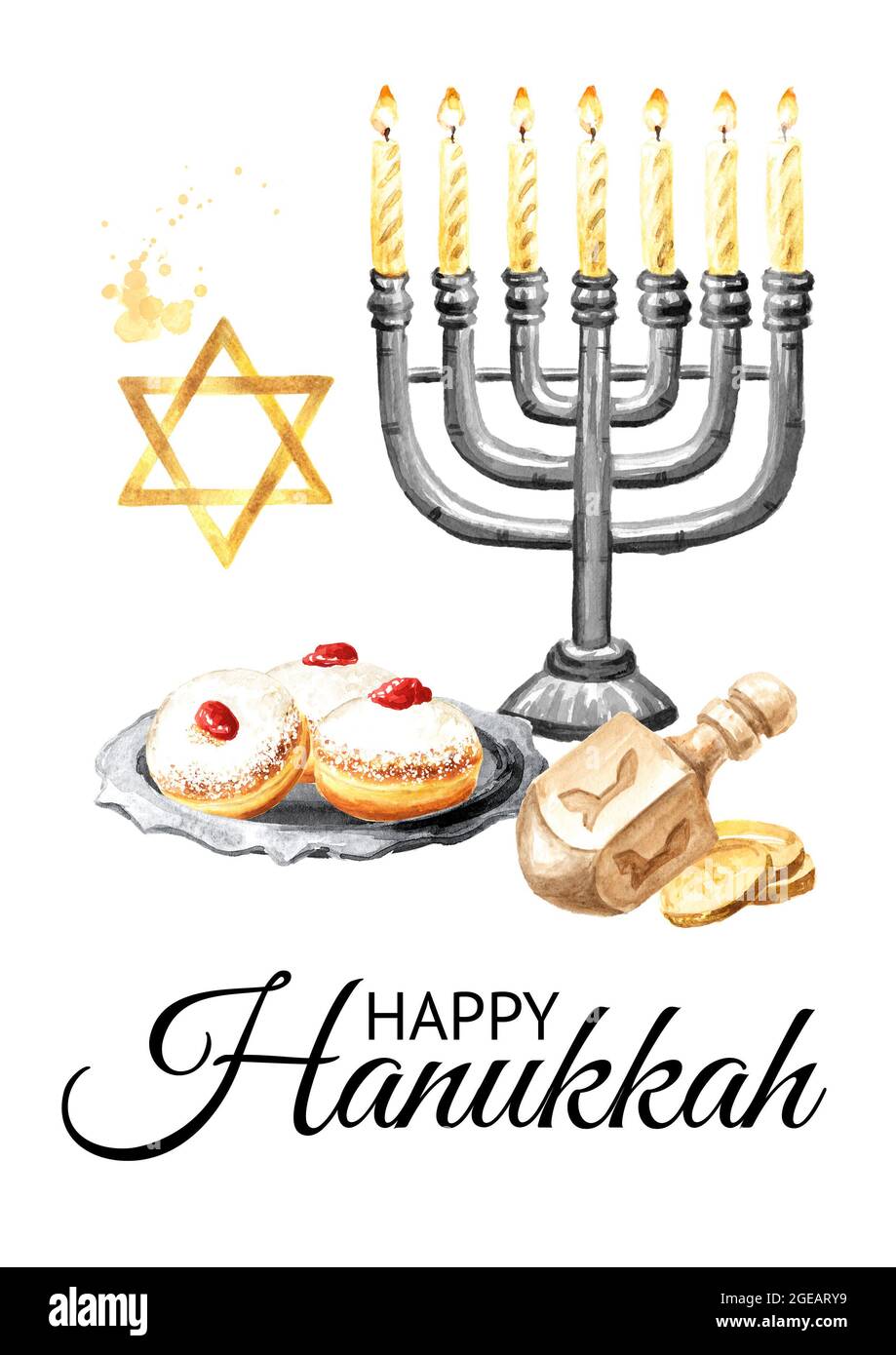 Jewish holiday Hanukkah greeting card, traditional menorah Candelabra ...