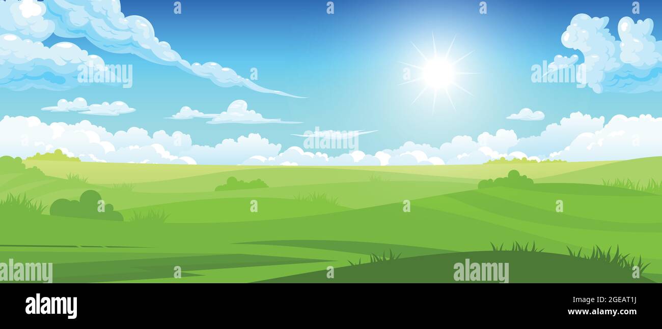 Colored summer landscape with sunlight on cloudy sky and green fields ...