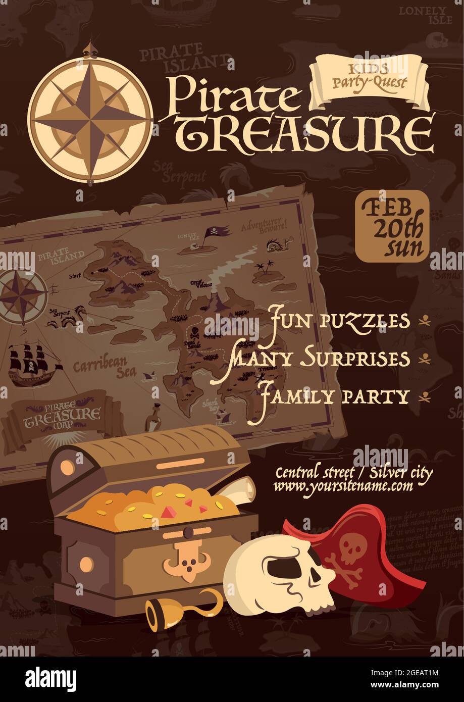 Pirate treasure poster in vintage style for family party and kids quest ...