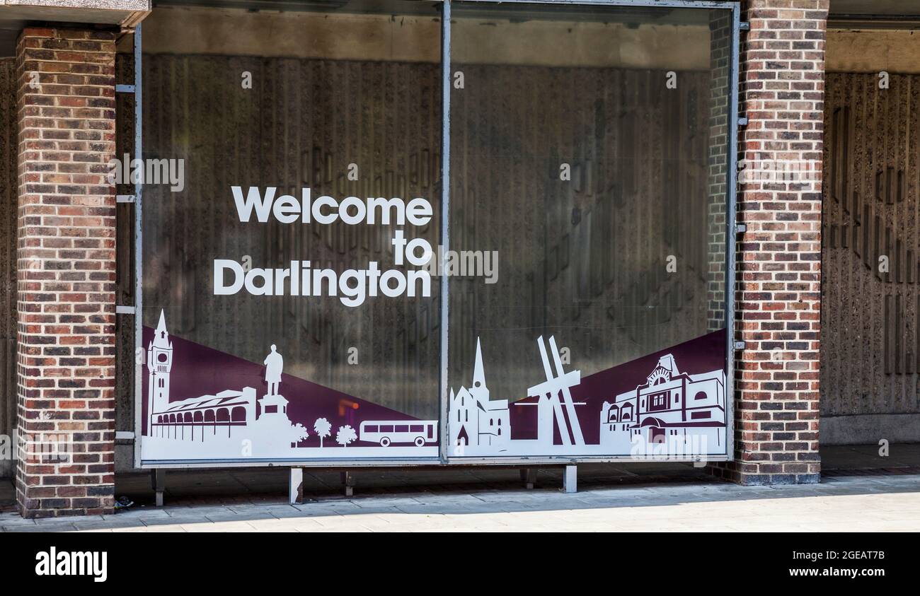 Welcome to Darlington sign in window opposite Town Hall in Darlington ...