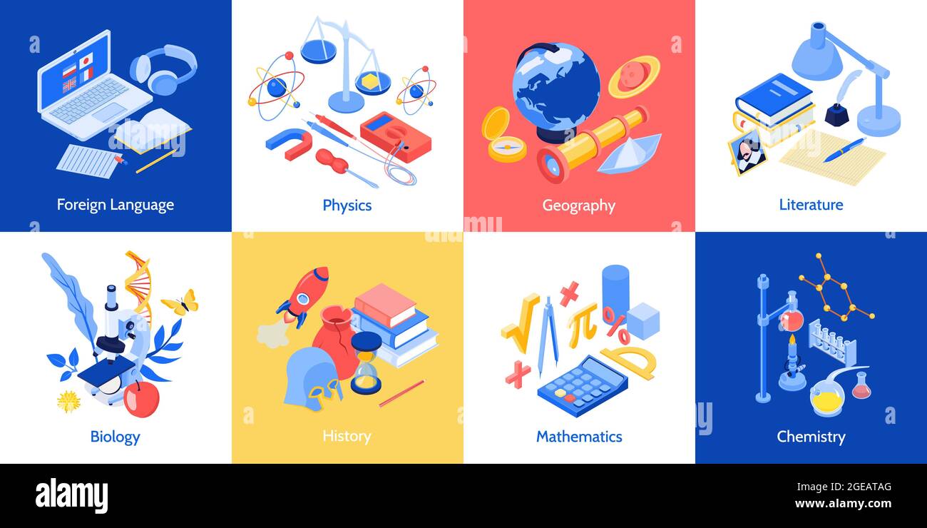 Isometric school education design concept with set of square ...