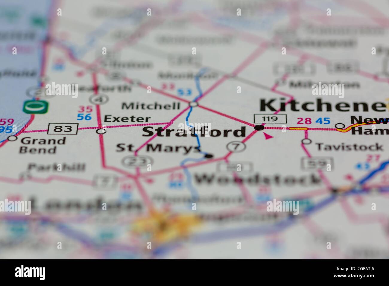 Straford Ontario Canada shown on a road map or Geography map Stock ...