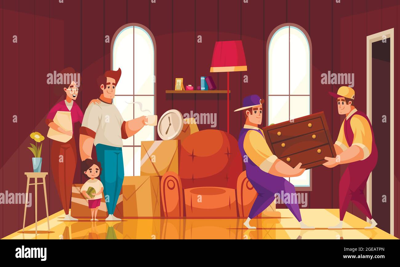 New house room interior cartoon composition with family watching moving ...