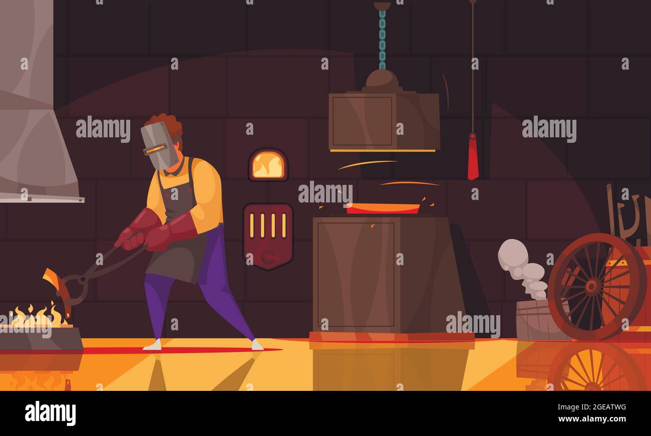 Blacksmith wearing leather apron gloves and face shield heating iron ...