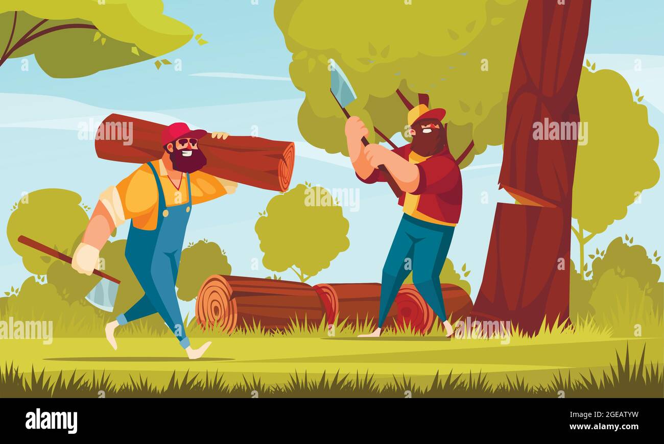 Two lumberjacks in forest chopping down trees with axes and piling logs ...
