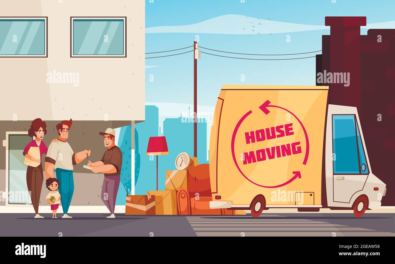 Moving into new apartment family and truck driver signing consignment ...