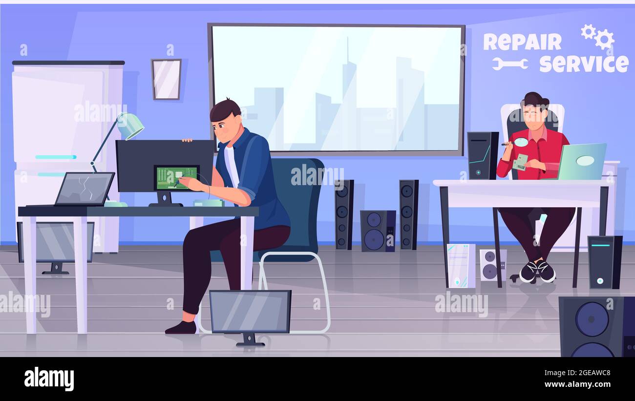 Workflow process of repairmen in a repair service flat vector ...
