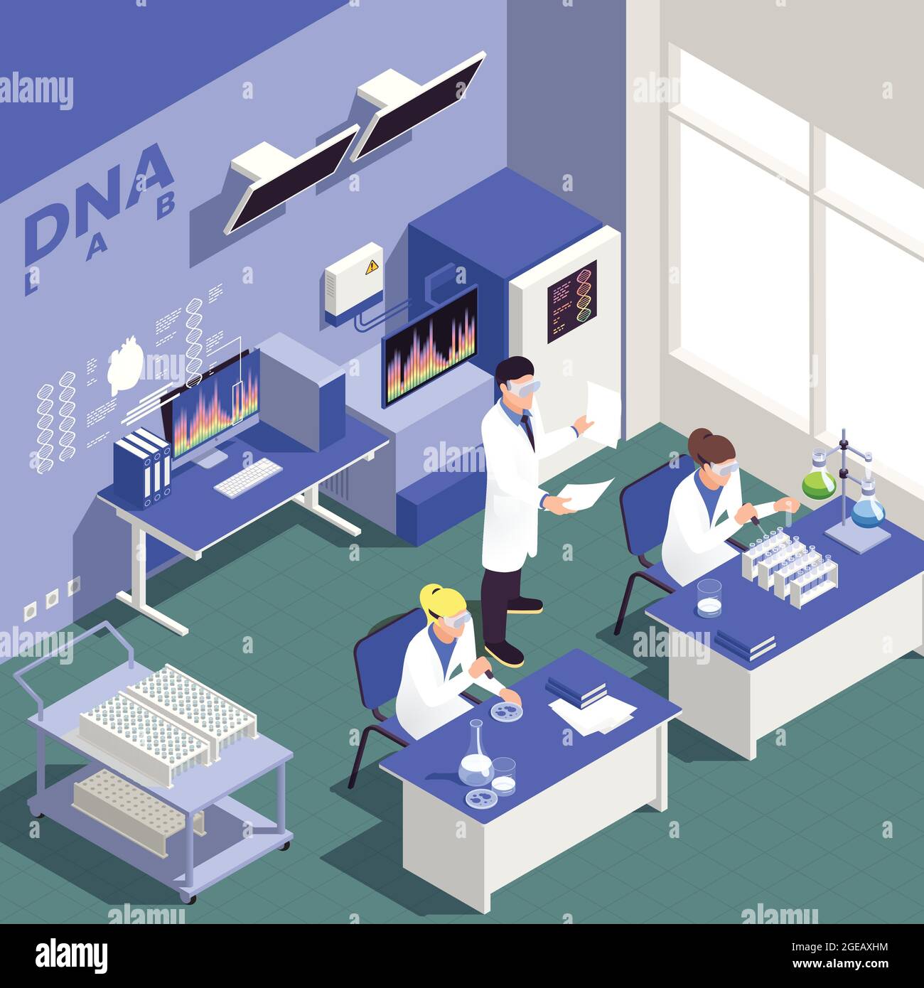 Genetic engineering isometric background with science and research ...