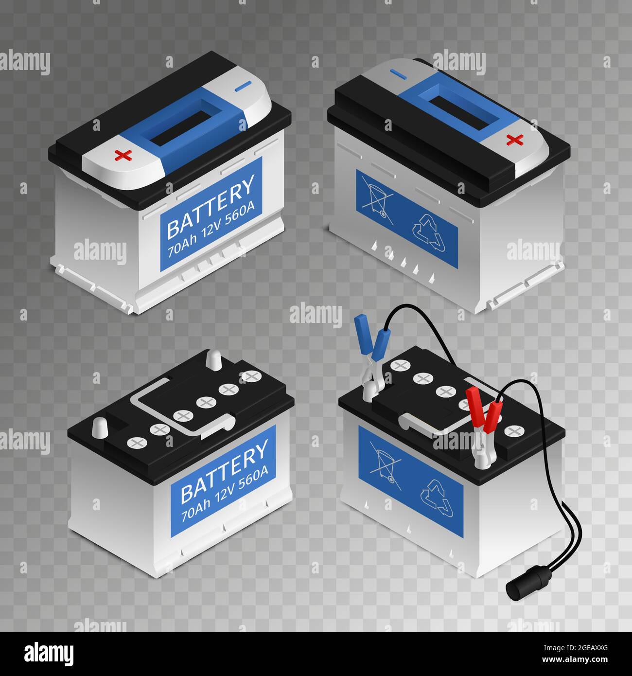Automotive rechargeable battery 4 car parts isometric set isolated ...