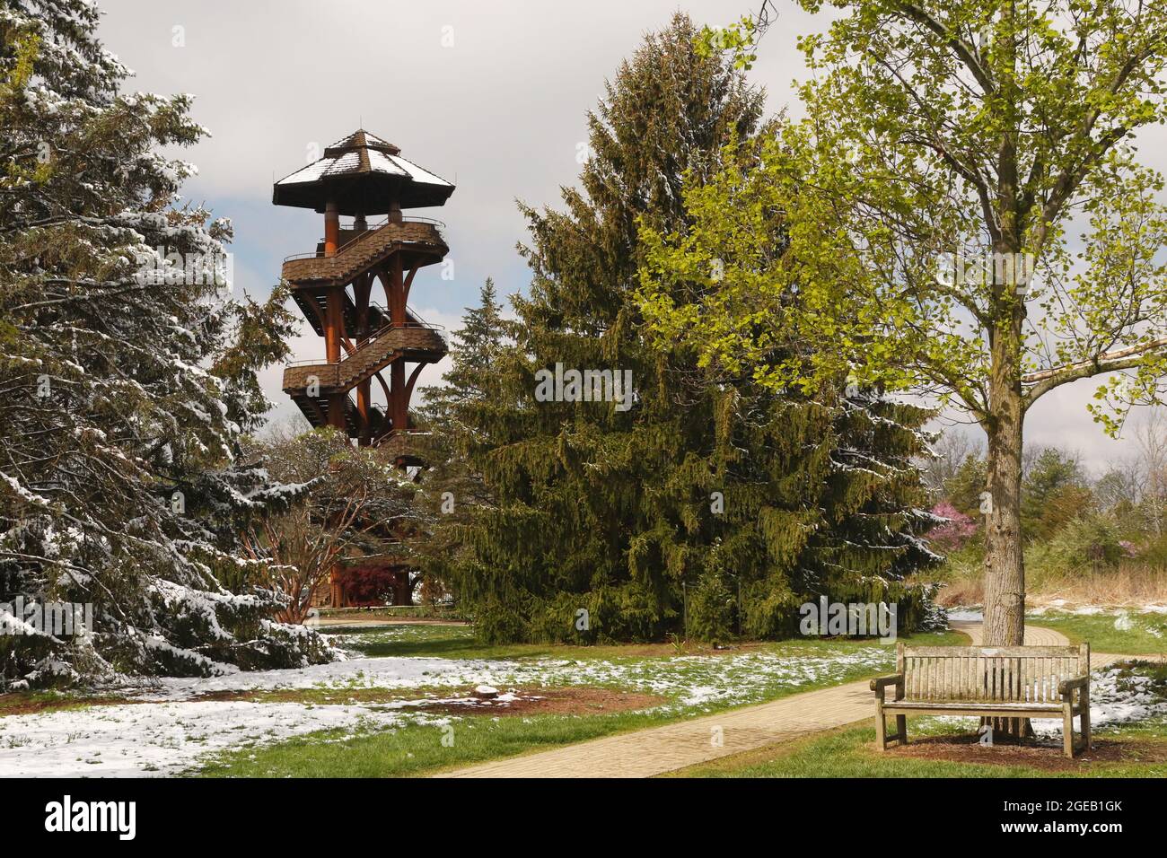 Tree Tower observation platform seen with spring snow landscape. Cox ...