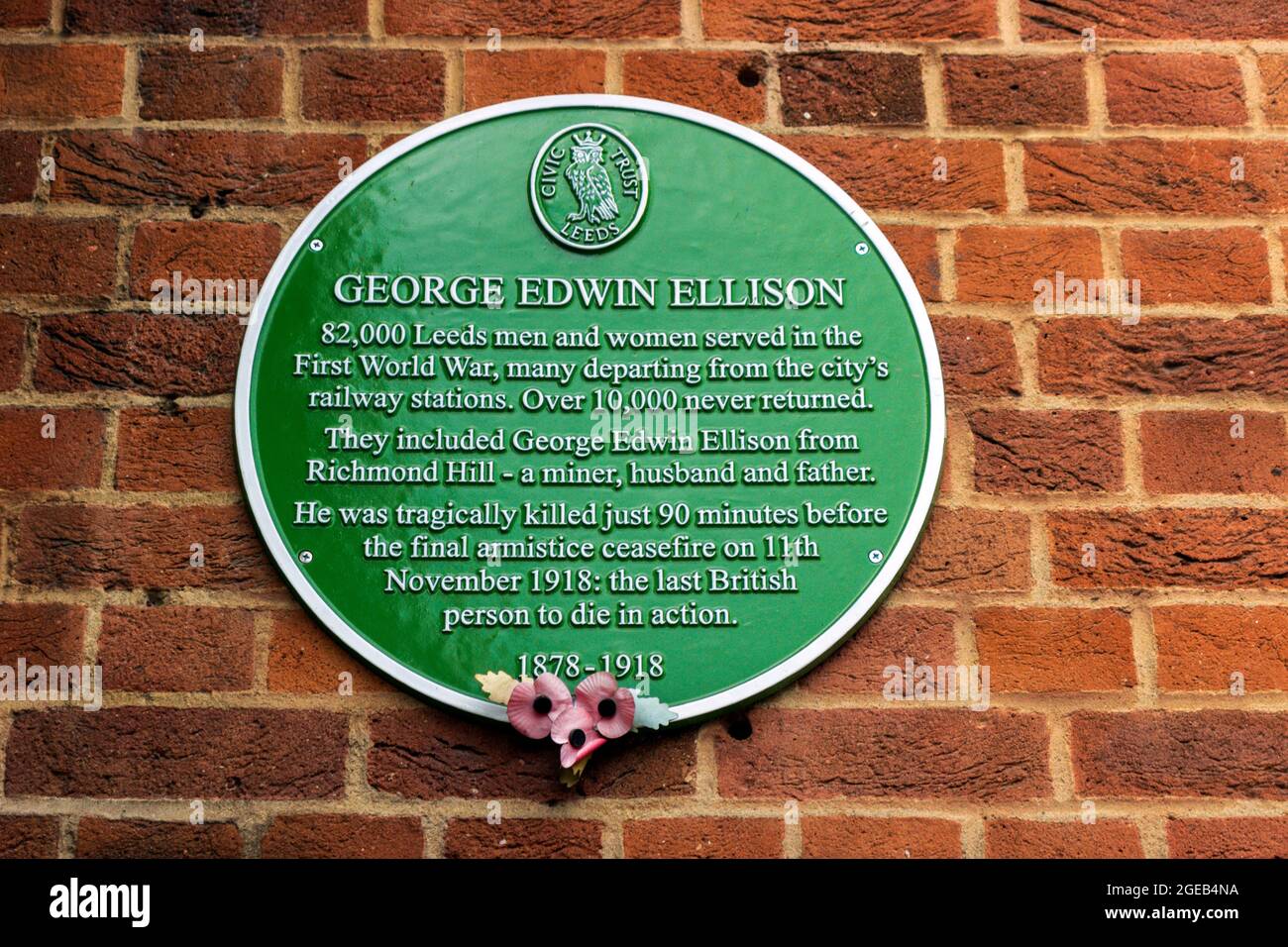 George Edwin Ellison green plaque. Leeds Railway station, West ...