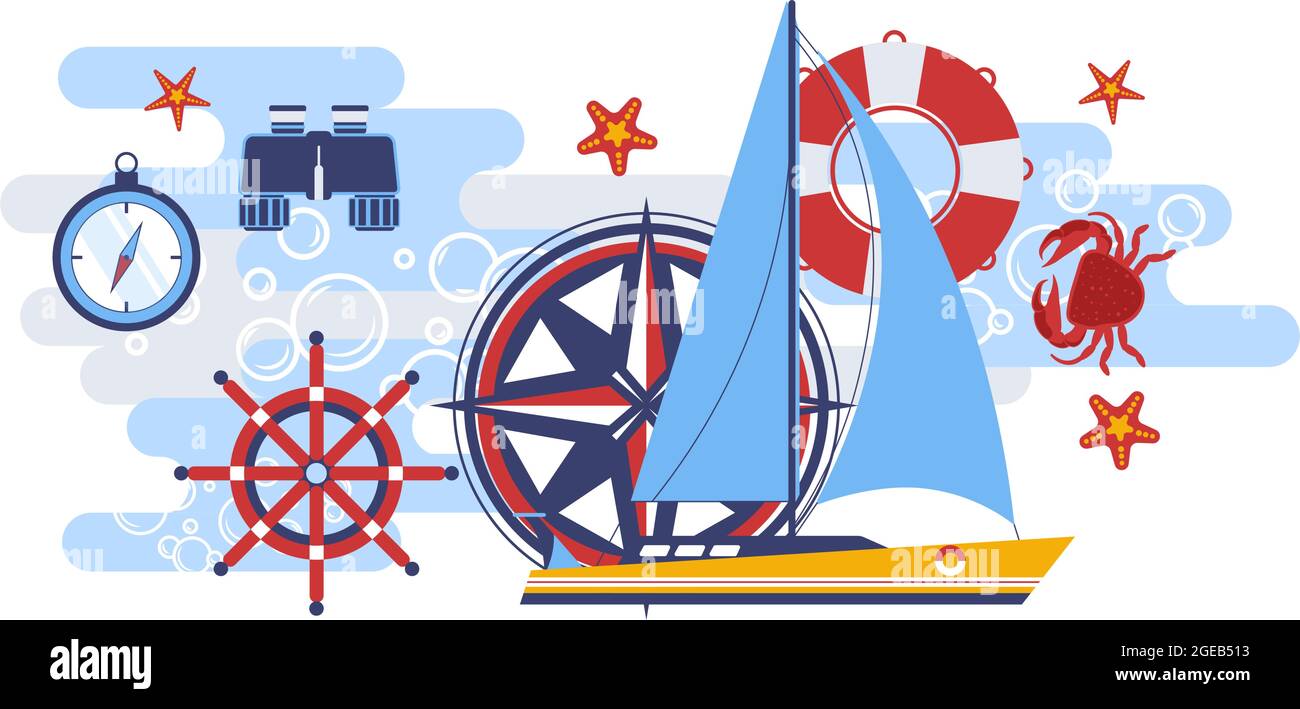 Sailing boat with lifebuoy, wheel and compass Stock Vector Image & Art ...
