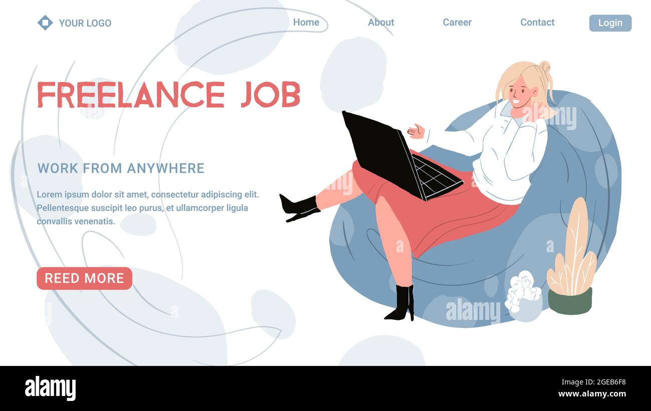 Flat cartoon freelancer character at home office,vector landing page ...
