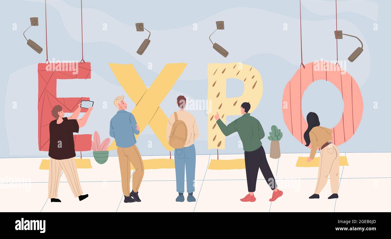 Cartoon flat characters and big text lettering 'expo',vector ...