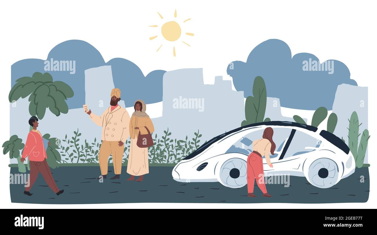 Cartoon flat visitors and guests characters at auto exhibition,vector ...