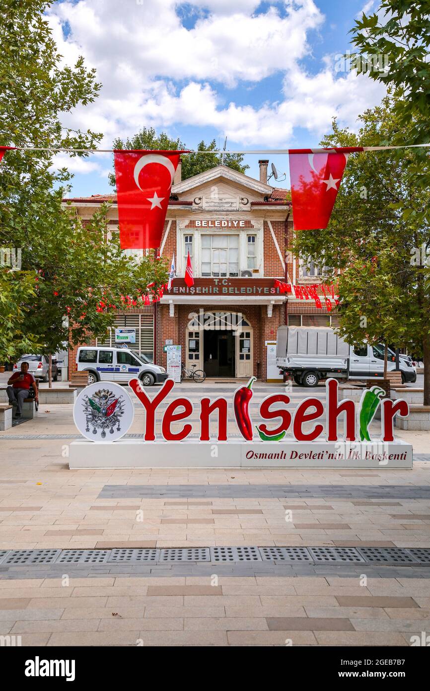 Yenisehir, Bursa, Turkey - August 14, 2021: Entrance facade of the town ...