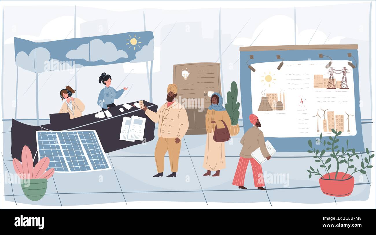 Cartoon flat visitors and workers characters at exhibition,vector ...