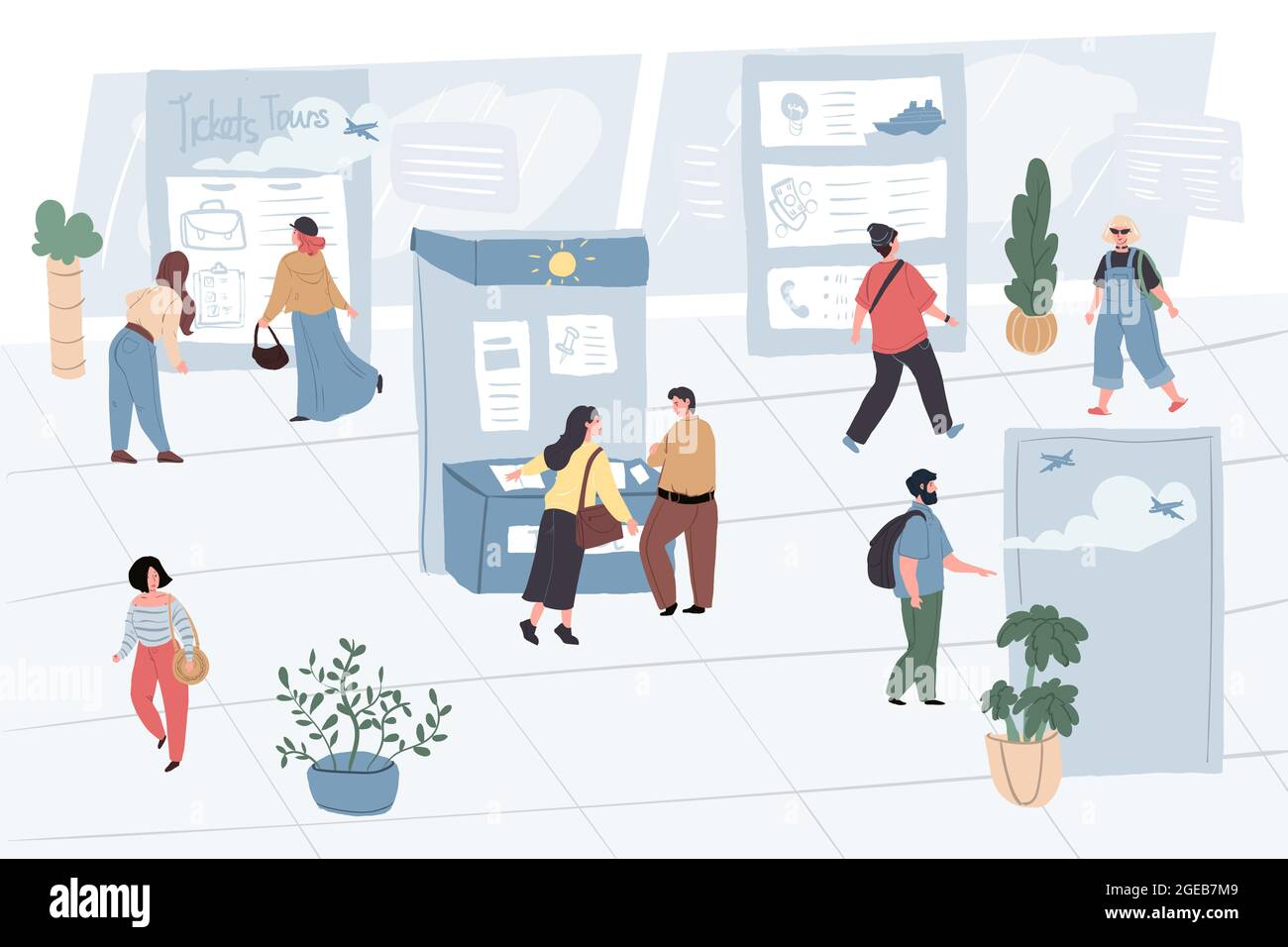 Cartoon flat visitors and workers characters at exhibition,vector ...