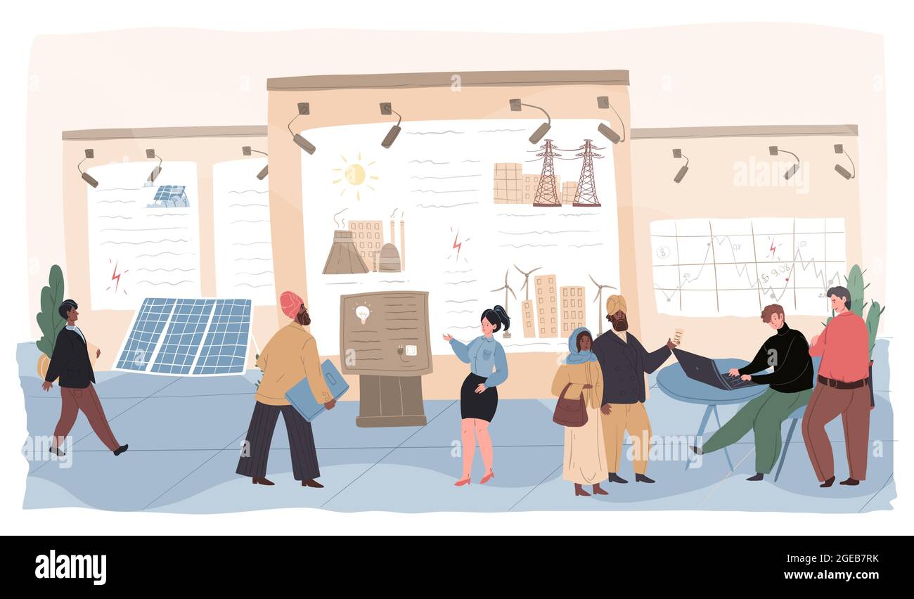 Cartoon flat visitors and workers characters at exhibition,vector ...