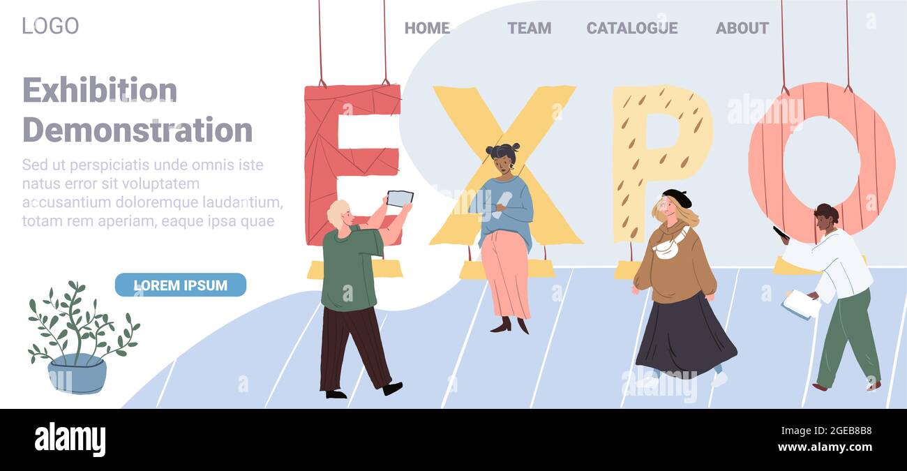 Cartoon flat characters and big text lettering 'expo',vector landing ...
