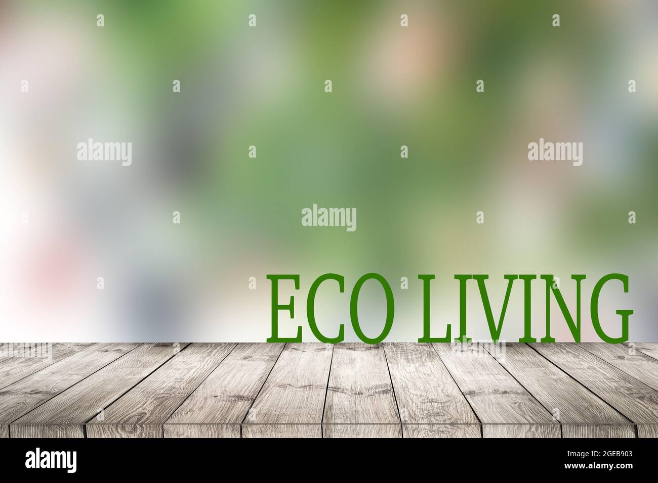 white eco living alphabet and wooden table with natural background ...