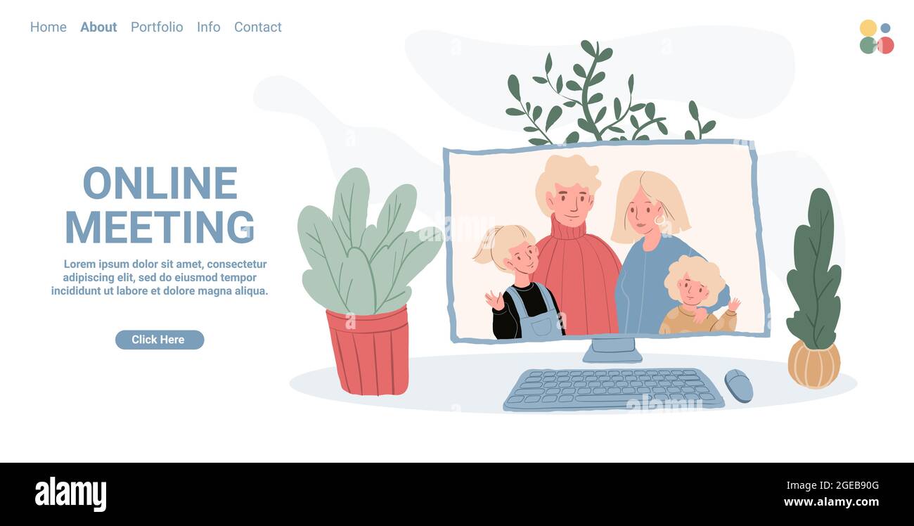 Cartoon flat happy family characters on screen in video conference ...