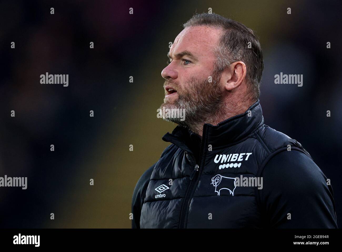 Wayne Rooney manager of Derby County gives his team instructions Stock ...