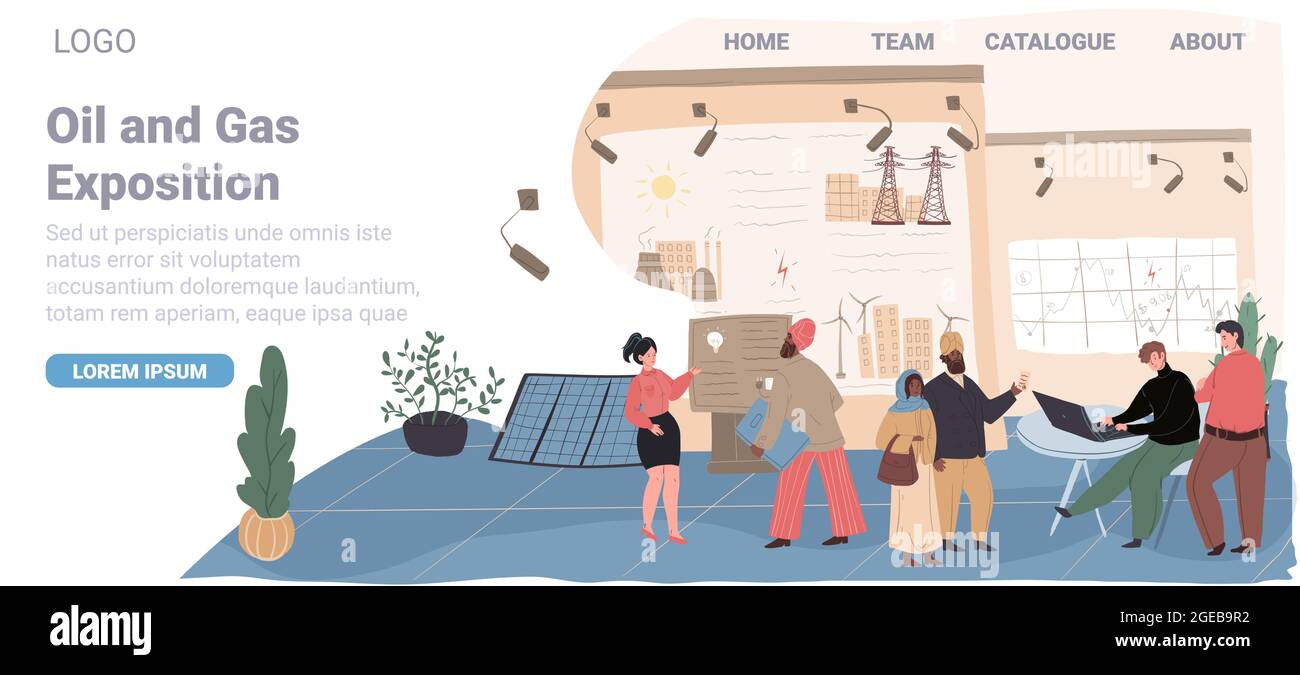 Cartoon flat visitors and workers characters at exhibition,vector ...