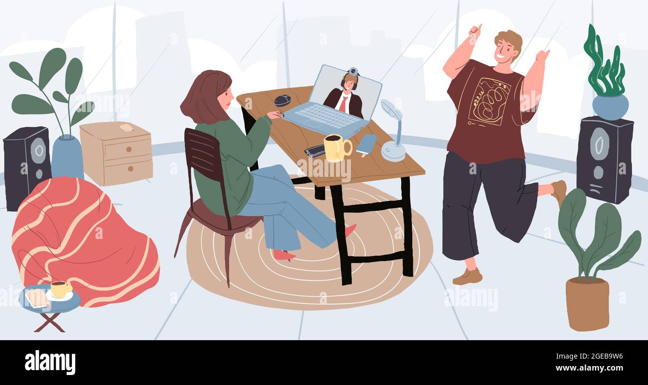 Cartoon flat freelancer character use video messenger conference in ...