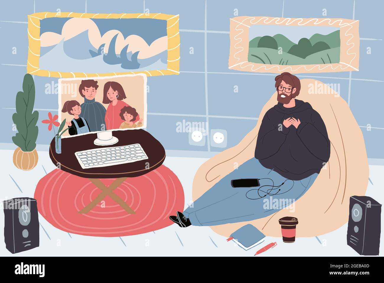 Cartoon flat happy family characters in video conference communication ...