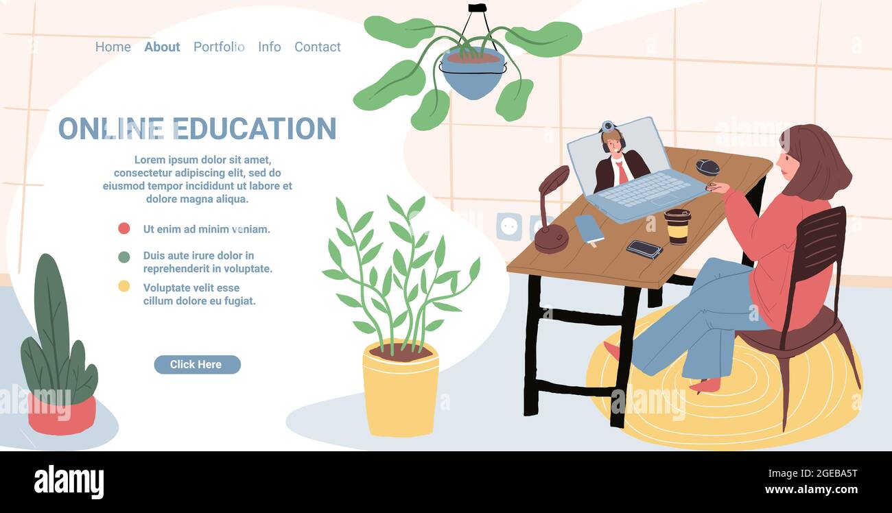 Flat cartoon character taking online educational course,vector landing ...