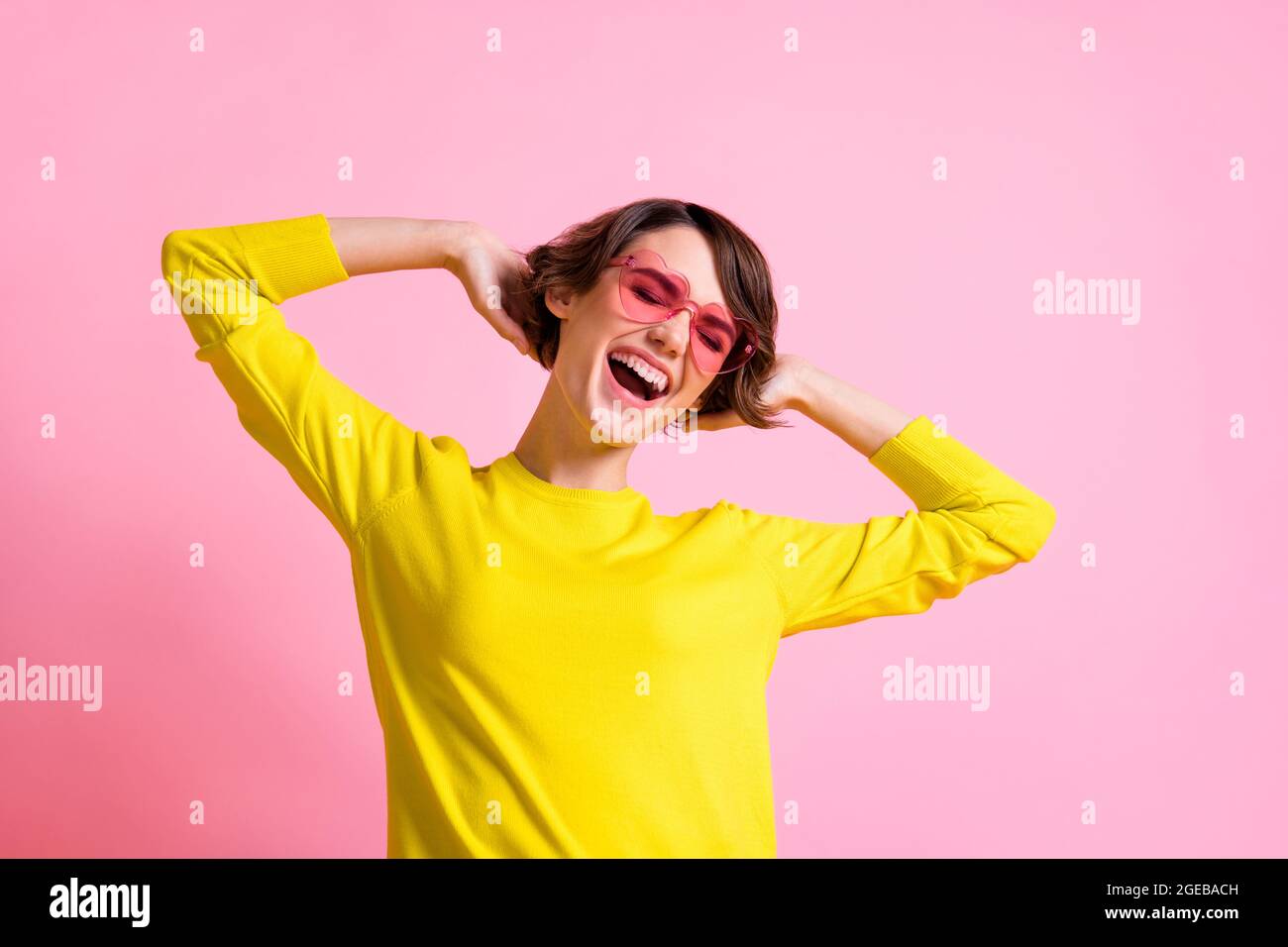 Photo of young attractive pretty happy positive crazy girl screaming ...