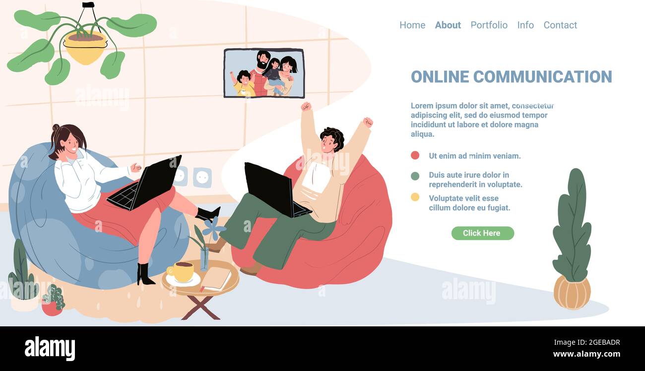 Cartoon flat happy family characters in video conference communication ...